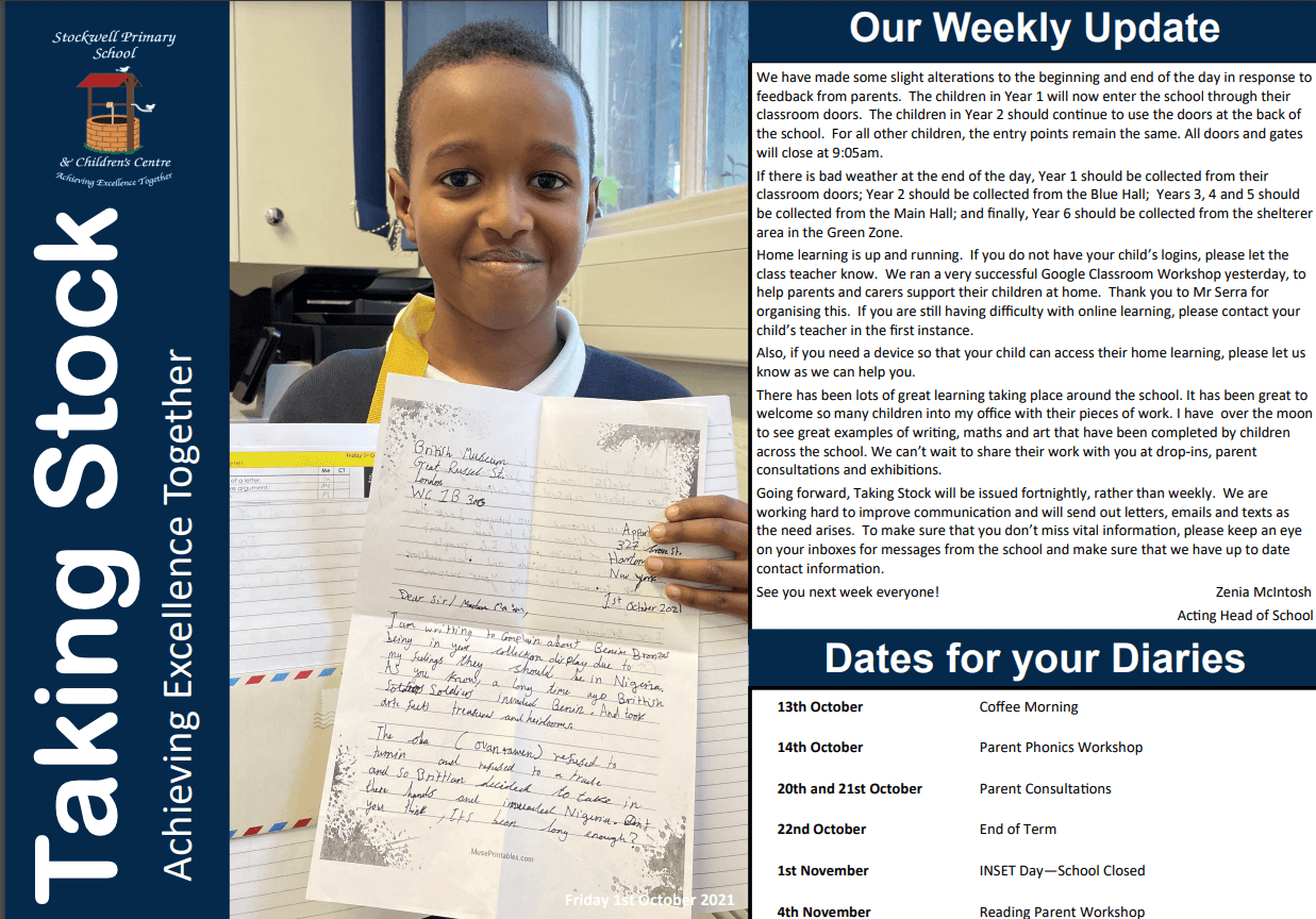Taking Stock 1st October 2021 - Stockwell Primary
